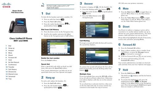 Cisco Unified IP Phone 8941 and 8945 Quick Start for Cisco Unified ...
