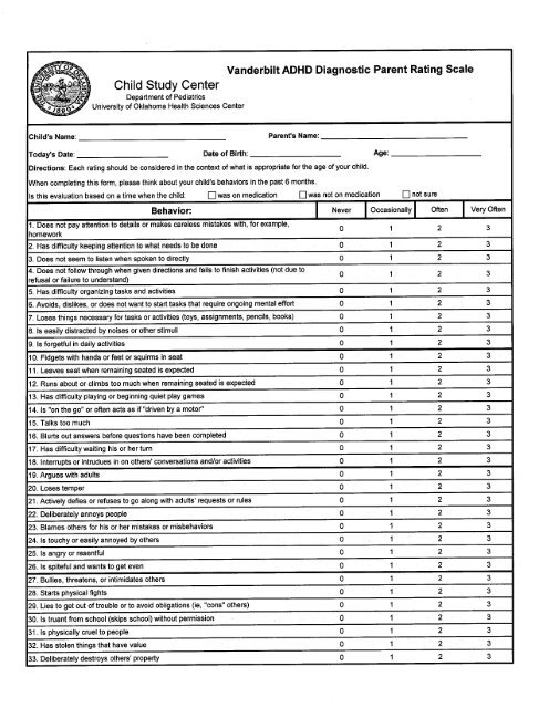 Vanderbilt Parent Diagnostic Scale - OU Medicine