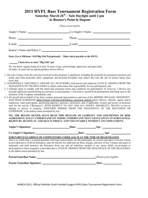 2011 HYFL Bass Tournament Registration Form