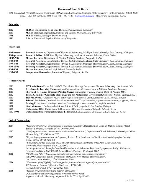 Resume of Emil S. Bozin - Michigan State University