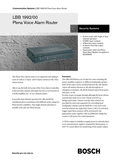 Plena voice alarm router LBB 1992/00 datasheet - Pacat.co.uk