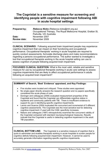 The Cognistat is a sensitive measure for screening and ... - OTCATS