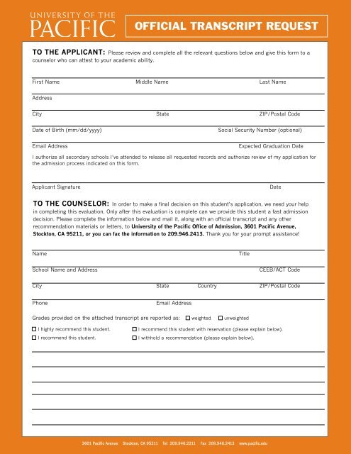 Official transcript request - University of the Pacific