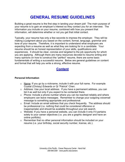GENERAL RESUME GUIDELINES - University of the Pacific
