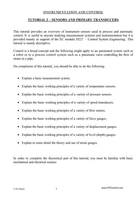Fundamentals of Instrumentation and Control - Process Control and ...