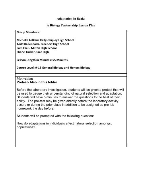 Adaptation in Beaks A Biology Partnership Lesson Plan Group ...