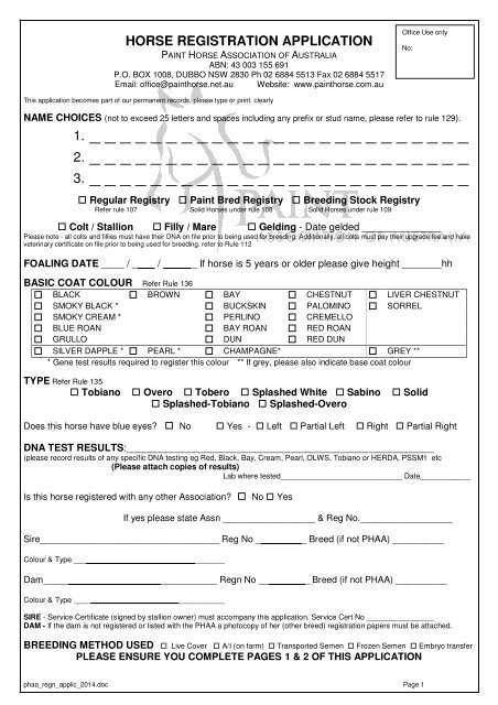 Registration Application Form - Paint Horse Association of Australia