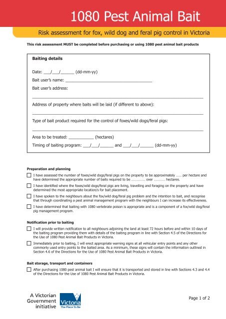1080 Pest Animal Bait Risk Assessment Form for Foxes Wild Dogs ...