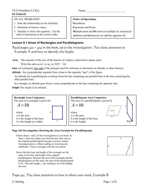 Ch 8 Note Sheet Key