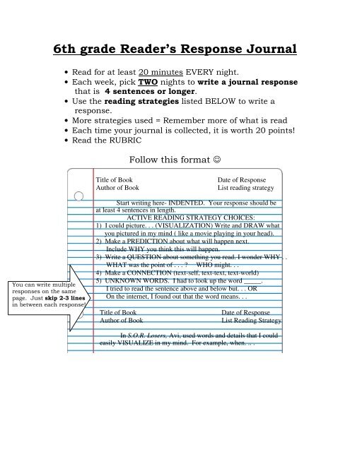 6th grade Reader's Response Journal