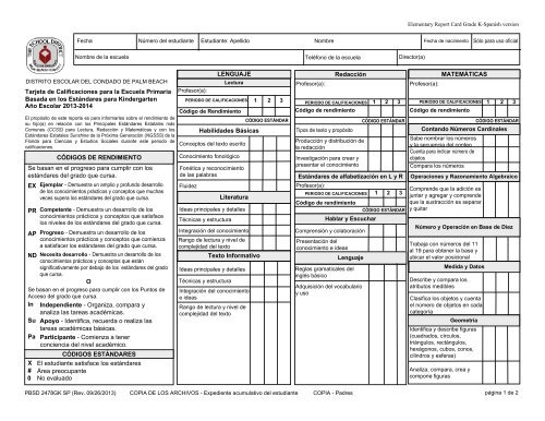 Tarjeta de Calificaciones Basada en EstÃ¡ndares para Kindergarten