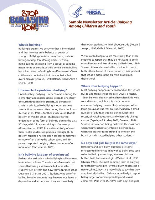 Sample Newsletter Article: Bullying Among Children and Youth