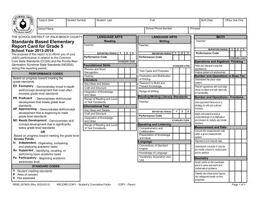 Standards Based Elementary Report Card for Grade 5 - The School ...