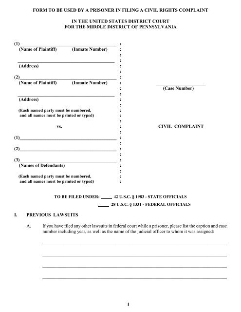 form to be used by a prisoner in filing a civil rights complaint in the ...