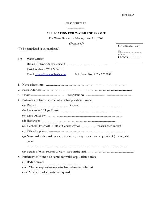 Application for Water Use Permit - Pangani Basin Water Board