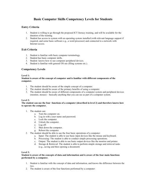 Basic Computer Skills Competency Levels for Students