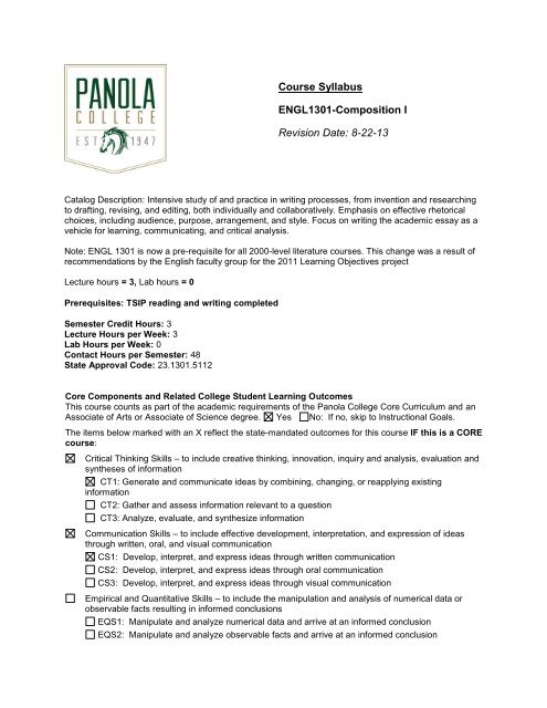 Course Syllabus ENGL 1301 Composition I ... - Panola College Course Syllabus ENGL 1301 Composition I ... - Panola College