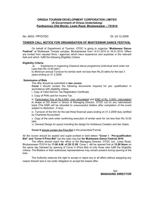 A Government of Orissa Undertaking - Orissa Tourism Development ...