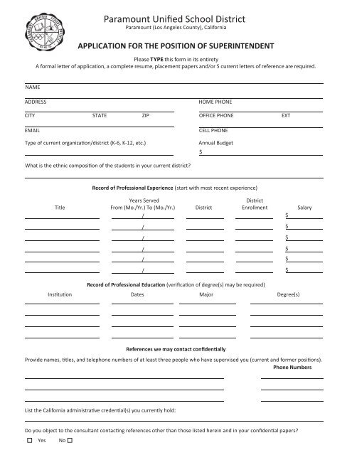 fillable application form - Paramount Unified School District
