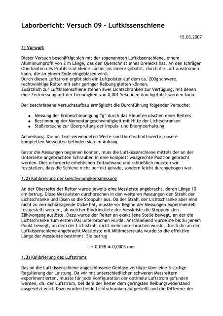 Laborbericht: Versuch 09 – Luftkissenschiene - Ordination Dr. Postler