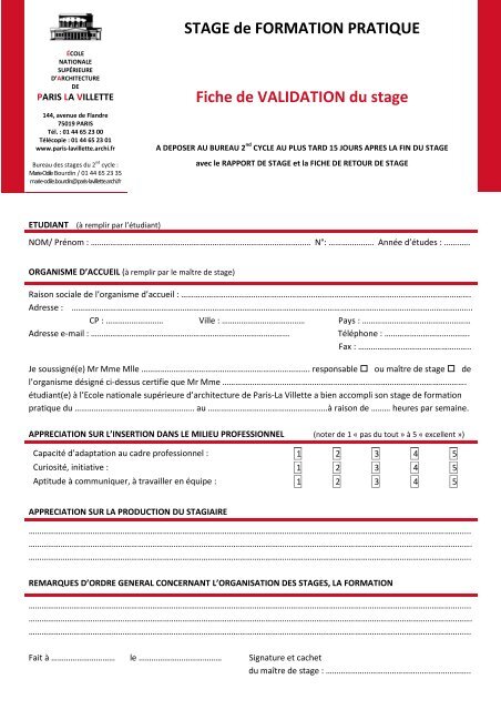 STAGE de FORMATION PRATIQUE Fiche de VALIDATION du stage