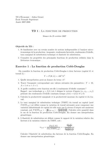 TD 1 - La fonction de production - Paris School of Economics