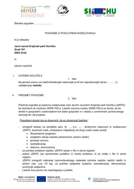 pogodba o poslovnem sodelovanju - Krajinski park GoriÄ ko