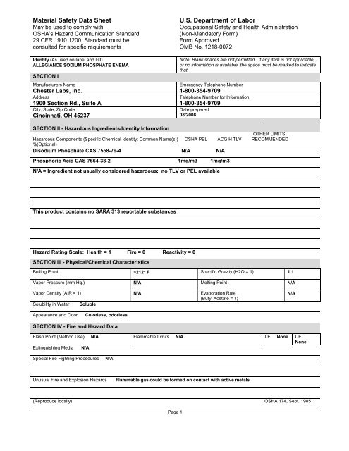 Material Safety Data Sheet U.S. Department of Labor