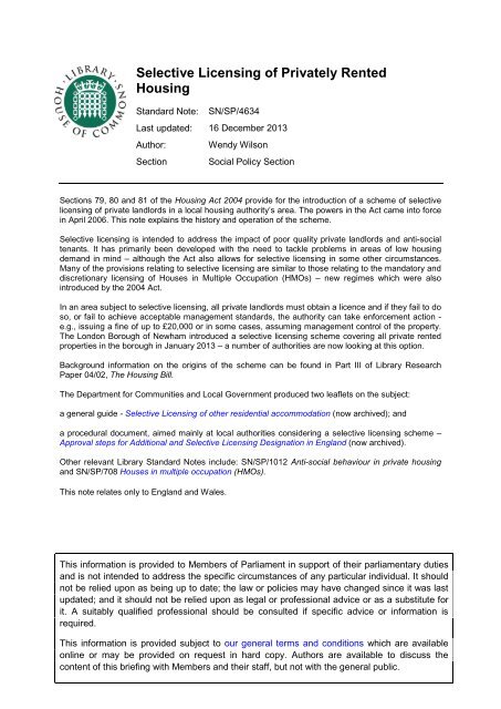 Selective licensing of private landlords - Parliament