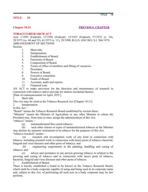 TOBACCO RESEARCH ACT Vol.18 No.21 - Zimbabwe Parliament