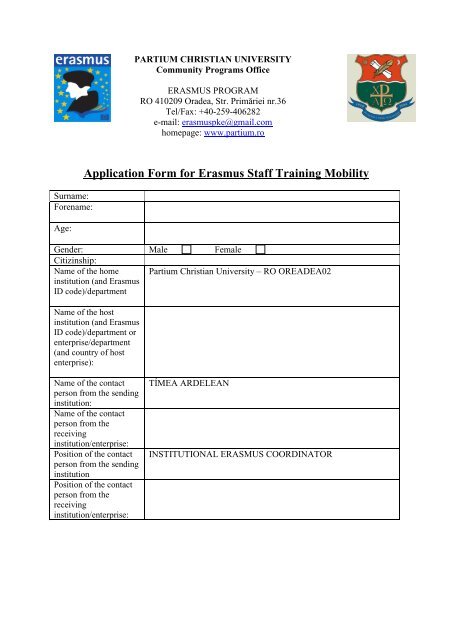 Application Form for Erasmus Staff Training Mobility