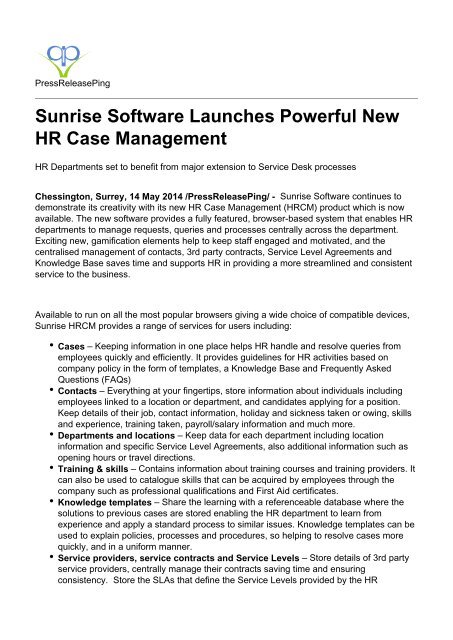 Sunrise Software Launches Powerful New HR Case Management