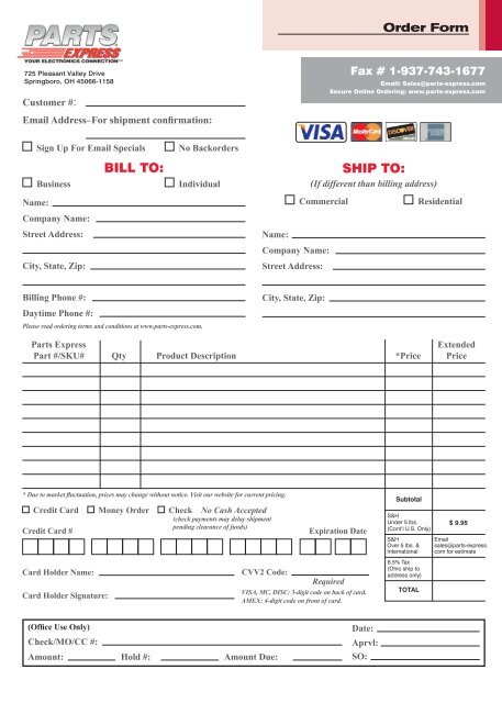 Sales Order Form - Parts Express