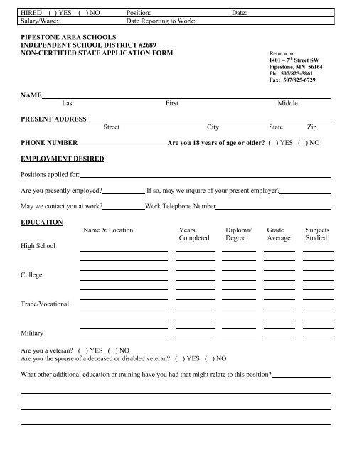 Print Non-Certified Job Application - Pipestone Area Schools