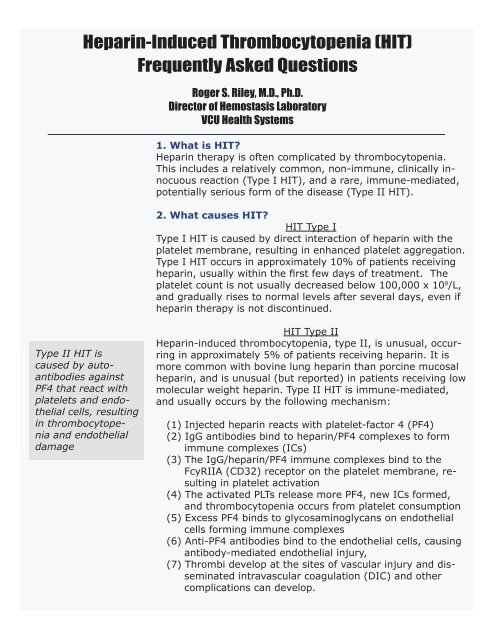Heparin-Induced Thrombocytopenia (HIT) Frequently ... - Pathology