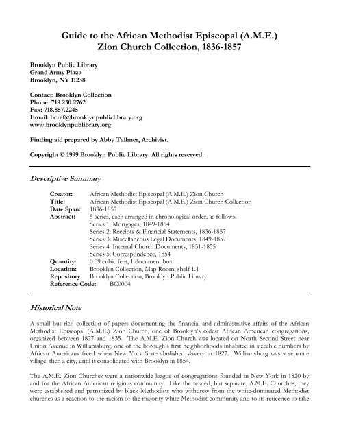 Guide to the African Methodist Episcopal (AME) - Brooklyn Public ...