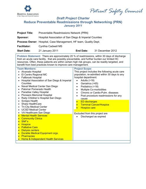 Draft Project Charter Reduce Preventable Readmissions through ...