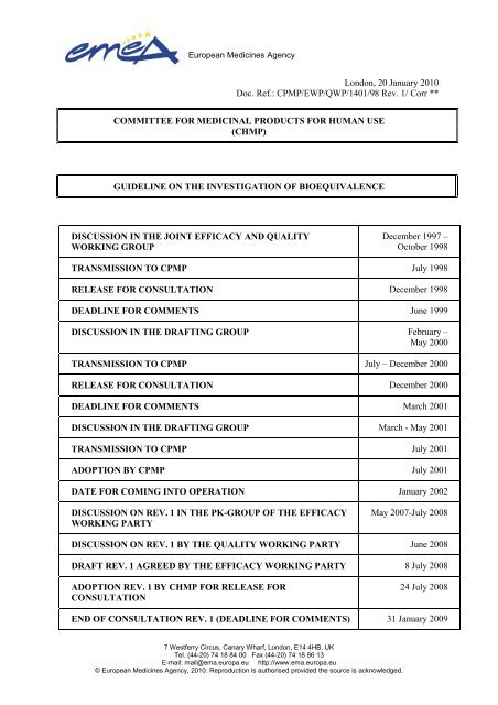 EMA GUIDELINE ON THE INVESTIGATION OF BIOEQUIVALENCE 2010