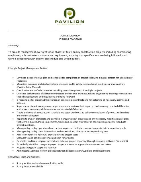 Project Manager - Pavilion Construction
