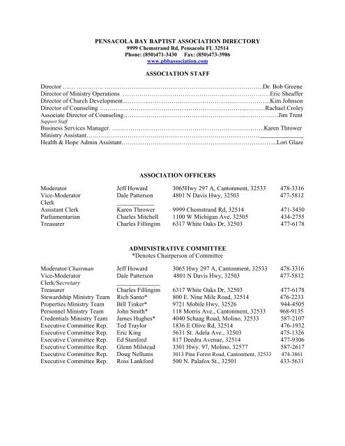 PENSACOLA BAY BAPTIST ASSOCIATION DIRECTORY