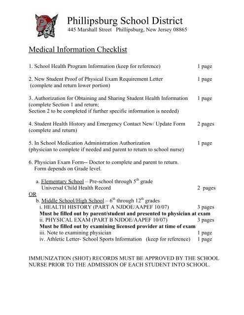 Secondary Medical Forms - Phillipsburg School District