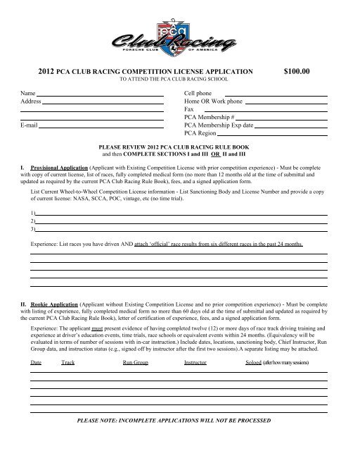 Competition License Application Form - Porsche Club of America
