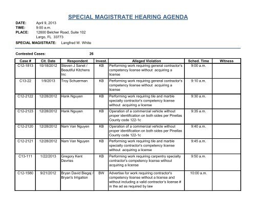 special magistrate hearing agenda - Pinellas County Construction ...