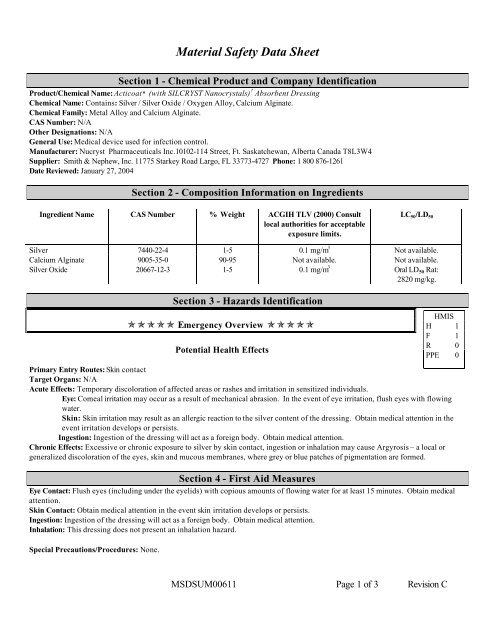 Acticoat Absorbent Dressing MSDS Sheets - Mountainside Medical ...
