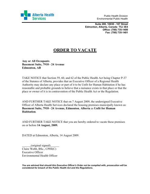 ORDER TO VACATE - Capital Health