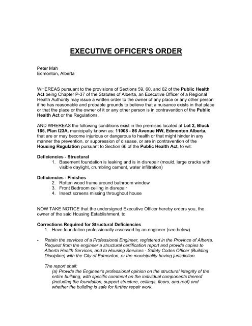 EXECUTIVE OFFICER'S ORDER - Capital Health