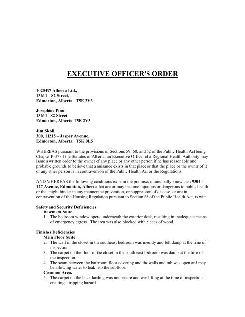EXECUTIVE OFFICER'S ORDER - Capital Health