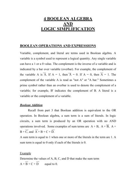 4 BOOLEAN ALGEBRA AND LOGIC SIMPLIFICATION 4 BOOLEAN ALGEBRA AND LOGIC SIMPLIFICATION