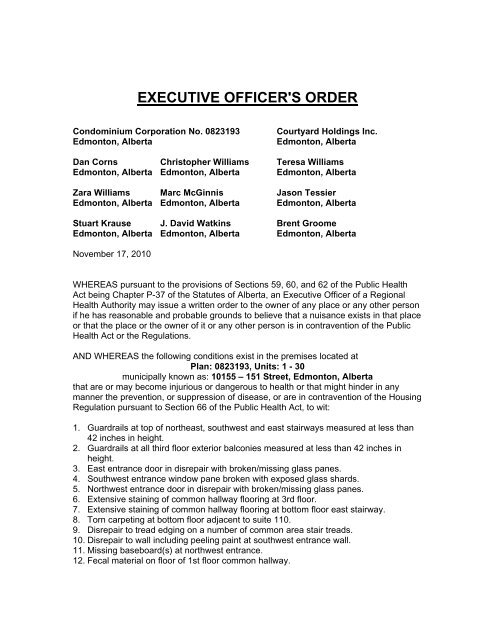 EXECUTIVE OFFICER'S ORDER - Capital Health