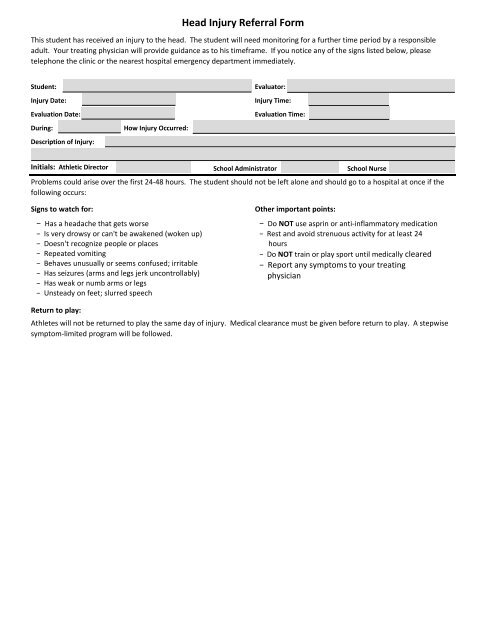 Head Injury Referral Form